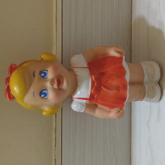 Toys | Vintage 195s Little Red Pinafore Girl White Ruffles Rubber ...